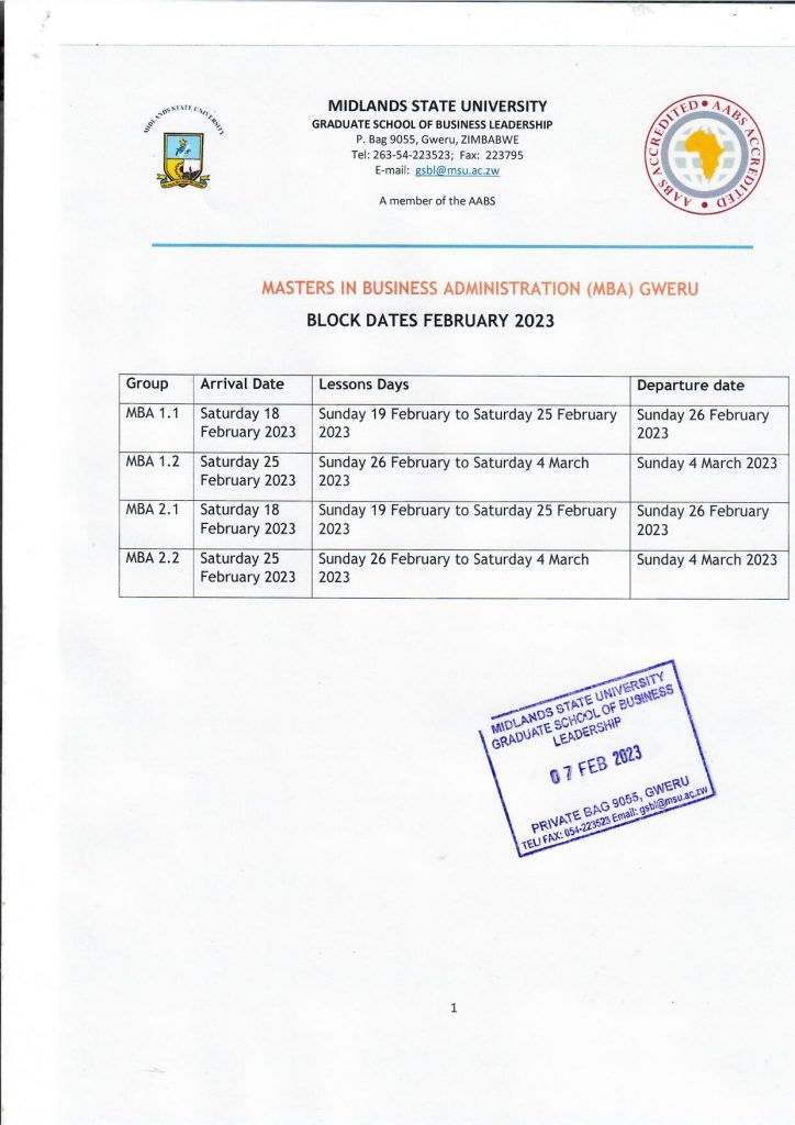 MBA Block dates - Midlands State University