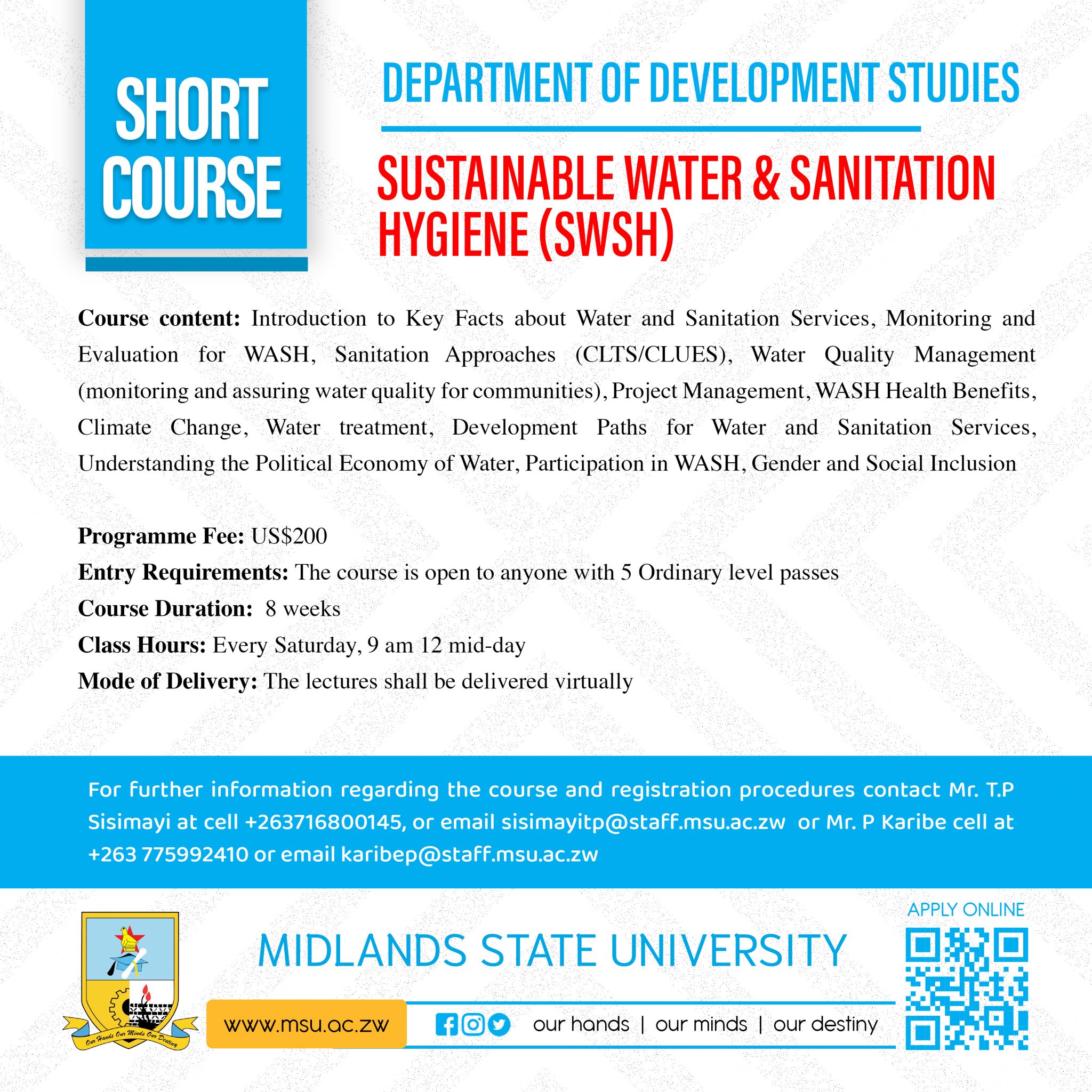 SHORT COURSE IN SUSTAINABLE WATER AND SANITATION HYGIENE (SWSH)