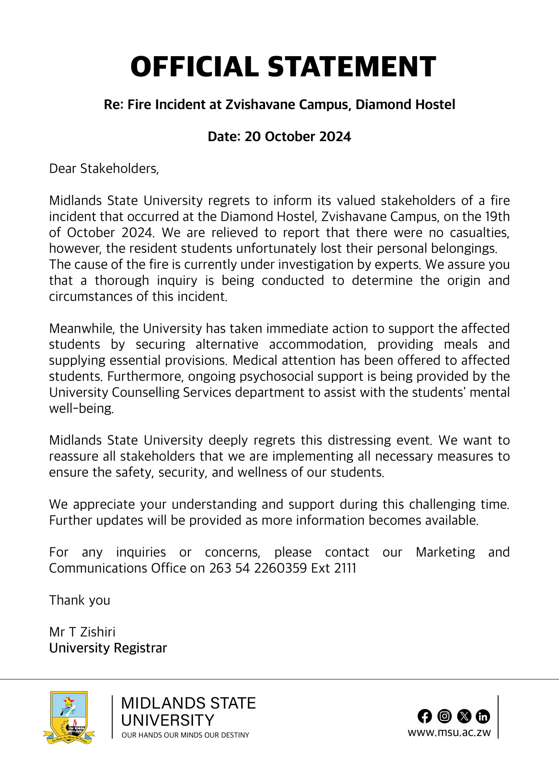 PRESS STATEMENT - DIAMOND HOSTEL, ZVISHAVANE CAMPUS - Midlands State ...