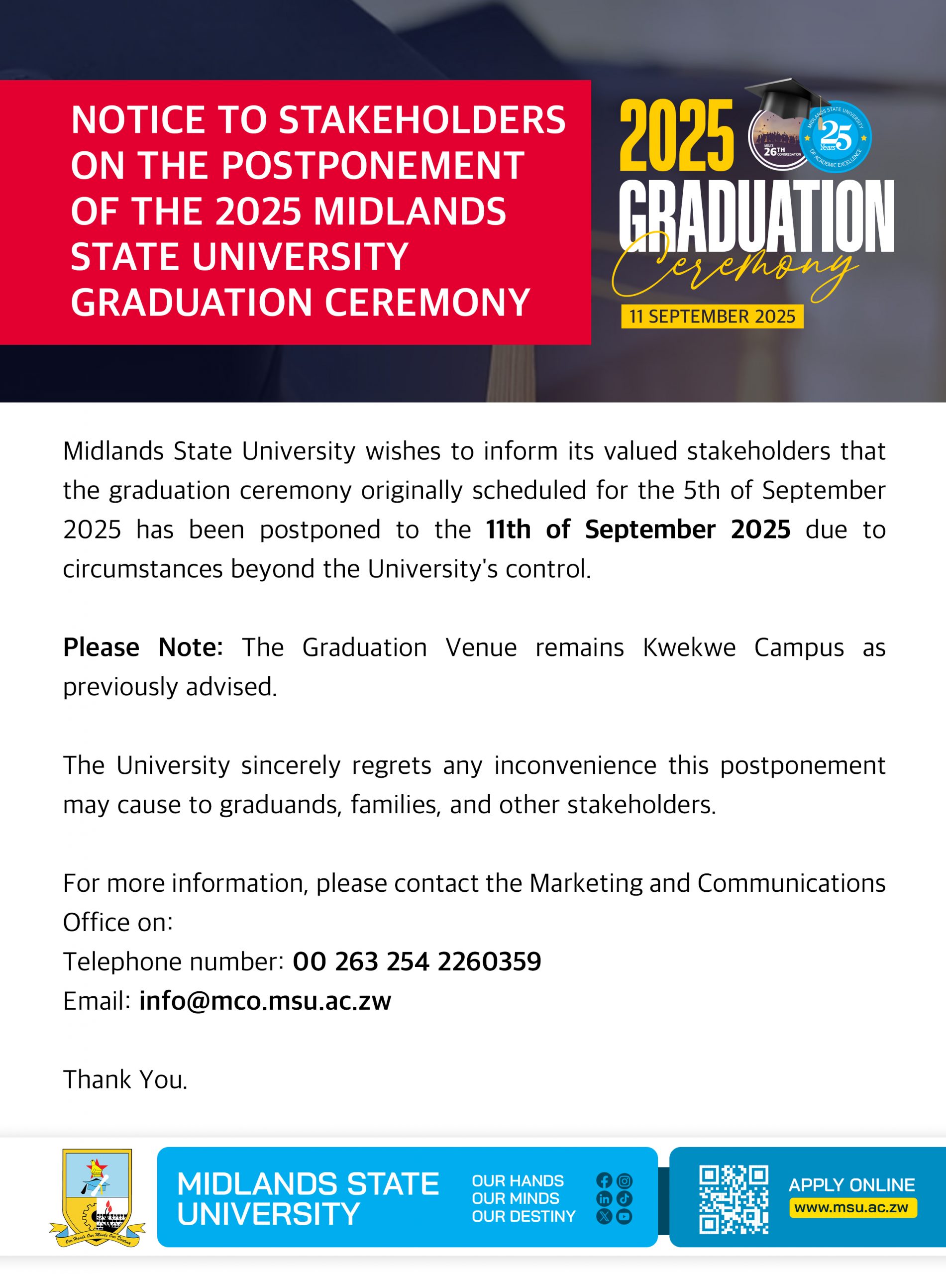 NOTICE TO STAKEHOLDERS - 11 SEPTEMBER 2025, 26TH GRADUATION CEREMONY - Midlands State University